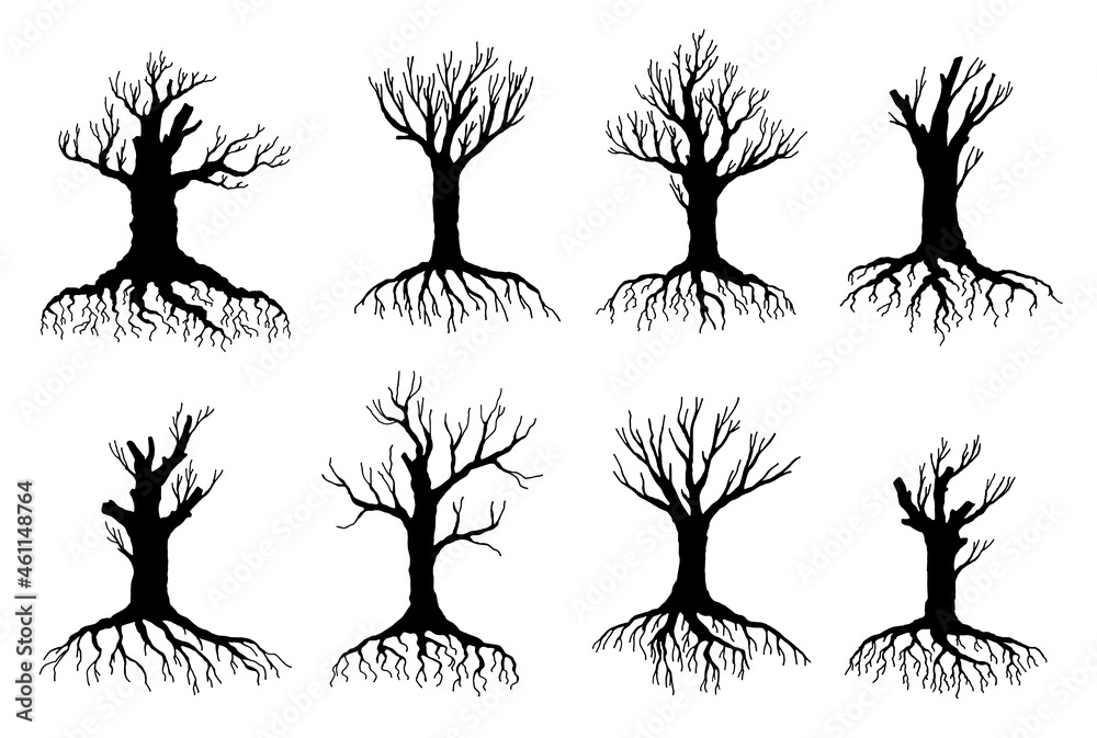Dead and withered tree vector silhouettes of environment and ecology ...