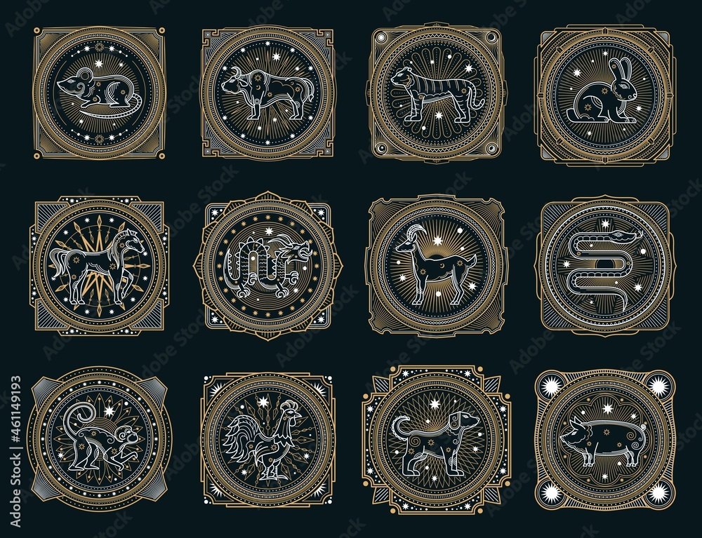Chinese horoscope occult symbols with vector zodiac animals, signs of ...