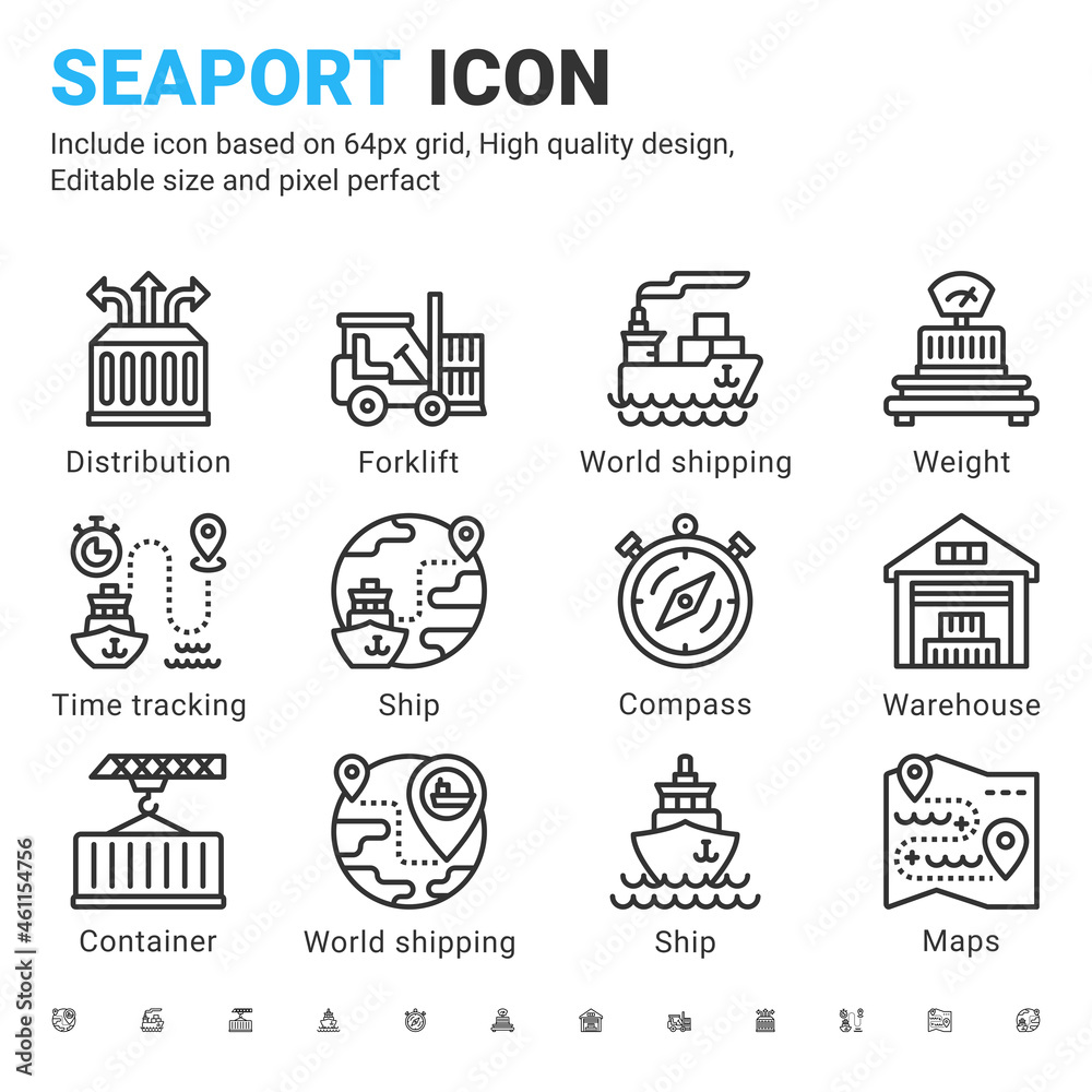 Seaport icon set design outline style isolated on white background ...