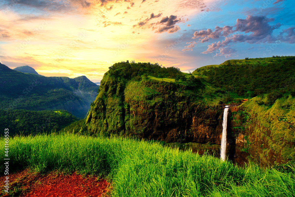 Beautiful waterfall with dramatic sky, somewhere in the Sahyadri ranges ...