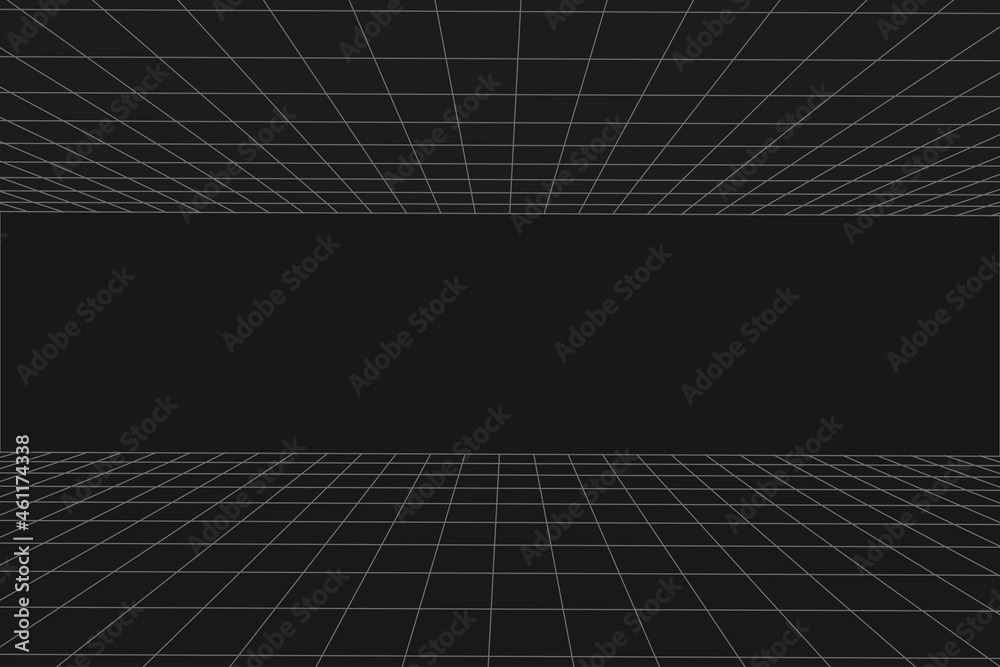 Grid perspective black room. Floor and celling. Gray wireframe ...
