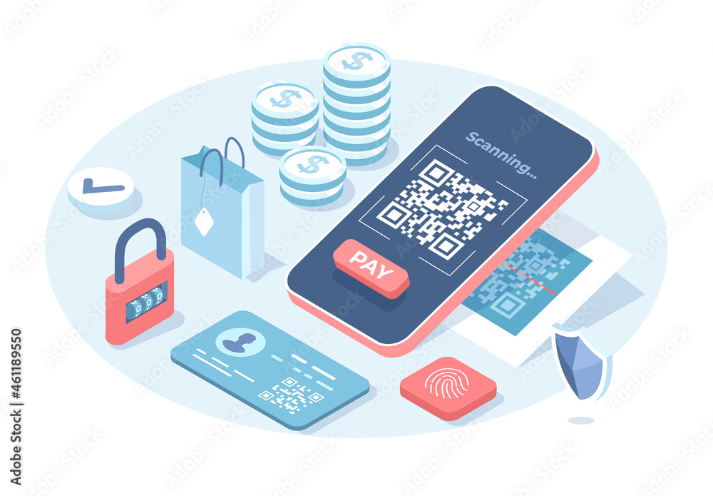 E-Payment, cashless technology. Mobile phone scans QR code. Electronic ...