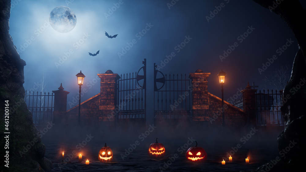 Jack O' Lanterns at Spooky Churchyard Gate. Halloween background. Stock ...