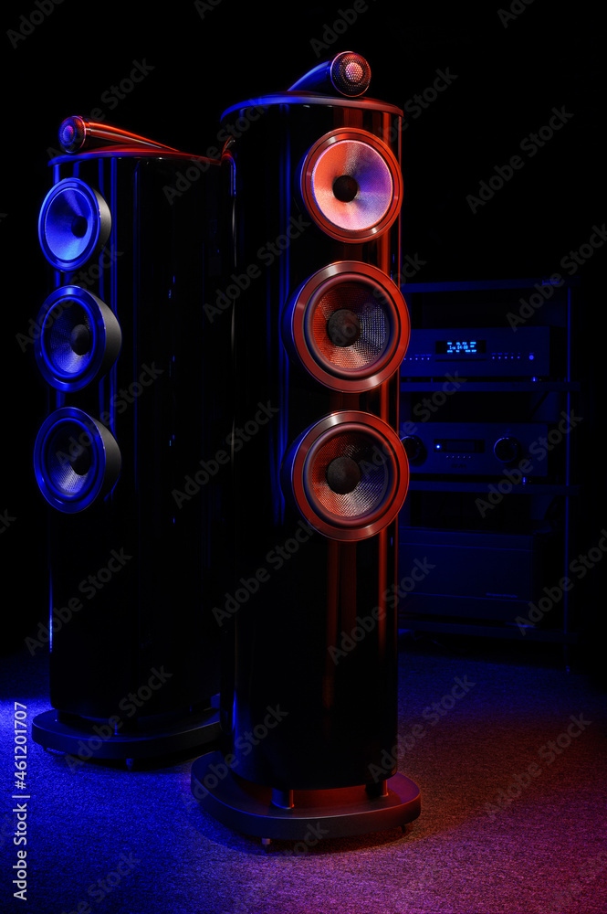 Expensive premium home floor acoustics in the dark. High-end amplifier ...