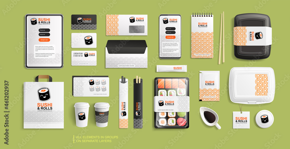 Sushi and Rolls food package design with branding identity. Fast food ...