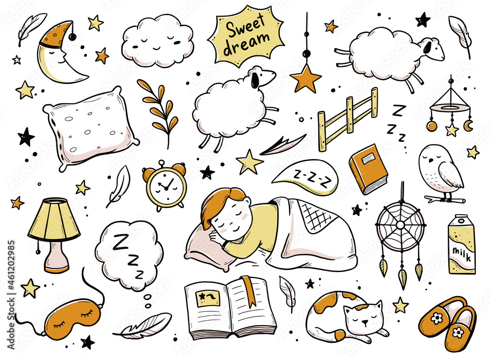 Sleep, relax time, dream night doodle set. Concept comfort night sleep ...