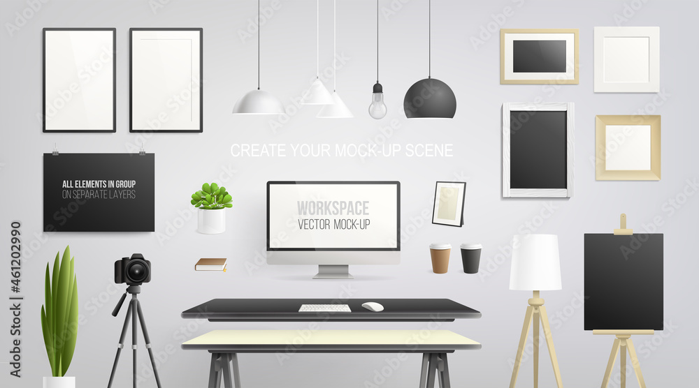 Interior workplace constructor scene with computer desktop display ...