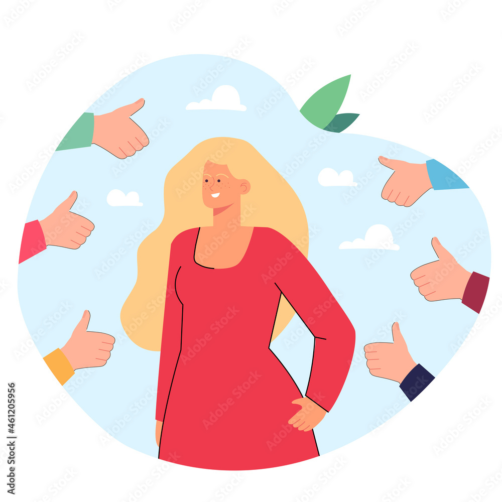 Hands of people showing thumbs up to happy cartoon woman. Female ...