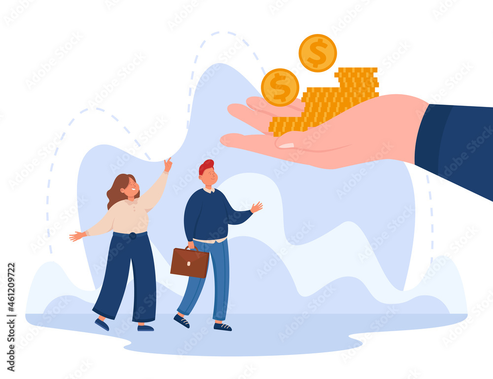Hand giving gold coins of salary to corporate office workers. Happy ...
