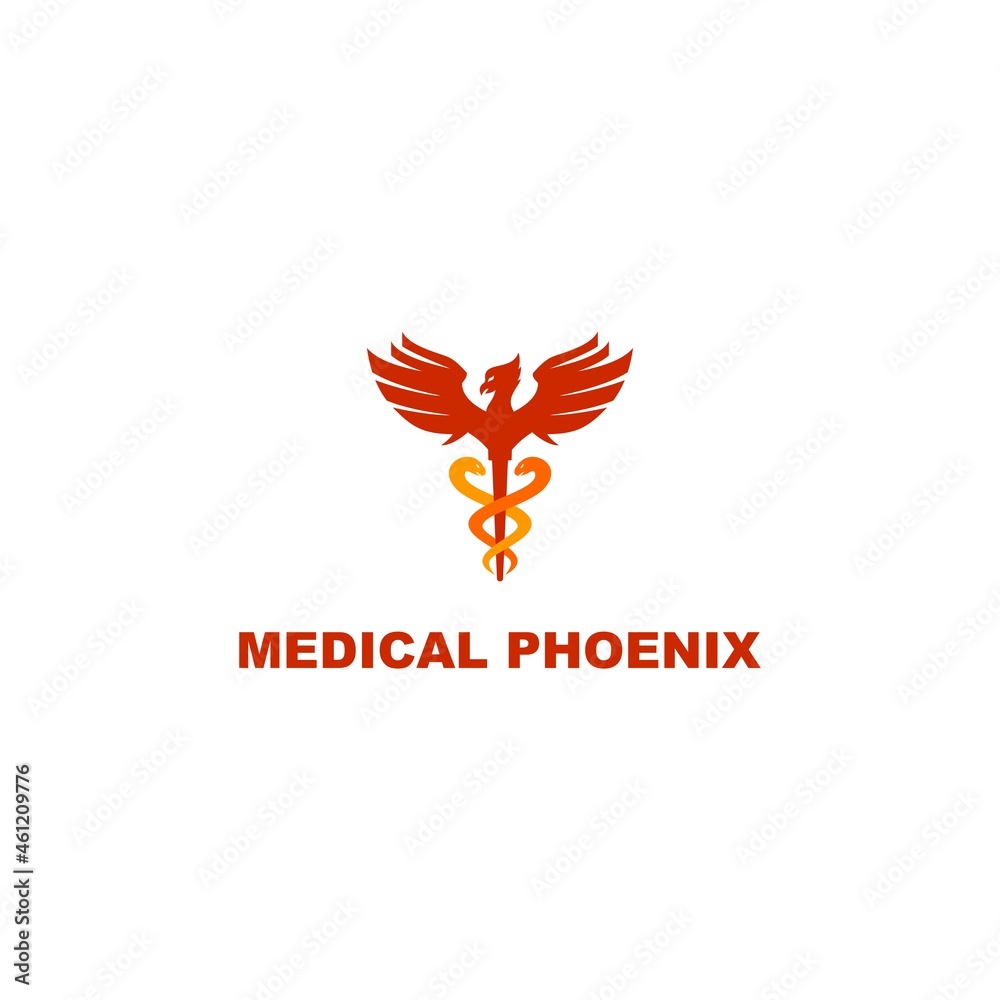 Medical red phoenix shape, apothecary logo with caduceus shape ...