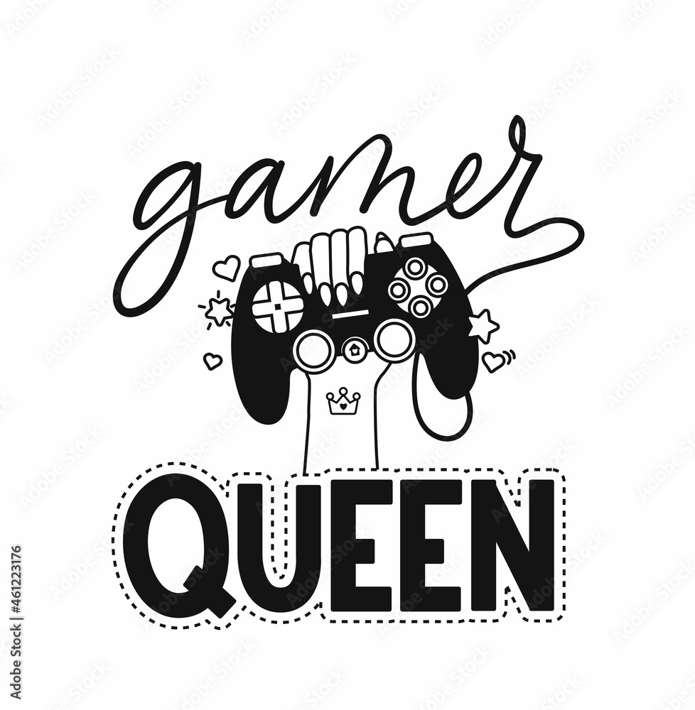 Gamer queen hand drawn vector illustration with hand holding a gaming ...