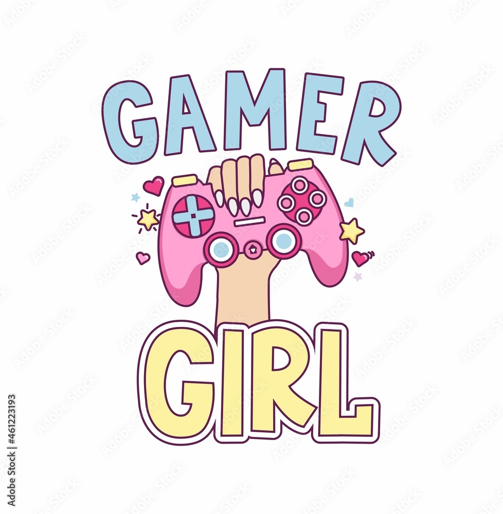 Gamer girl hand drawn vector illustration with hand holding a pink ...