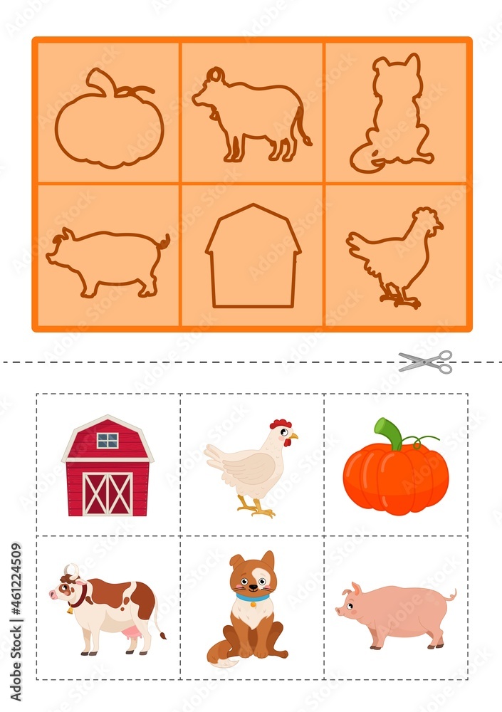 Educational game for children. Find the right shadow. Cute cartoon farm ...