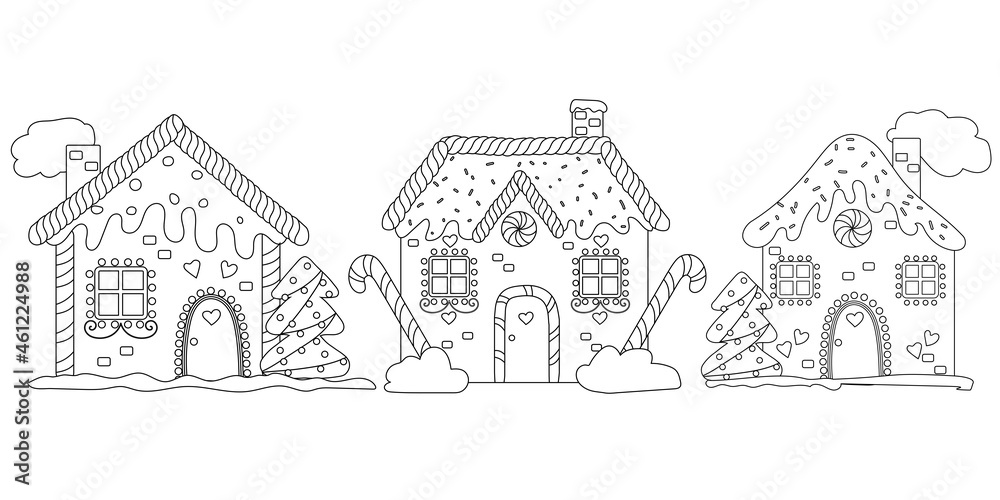 Coloring page. Set of Christmas gingerbread houses, vector illustration ...