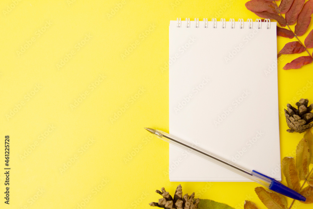 Blank open notepad with pen and autumn leaves on yellow background ...