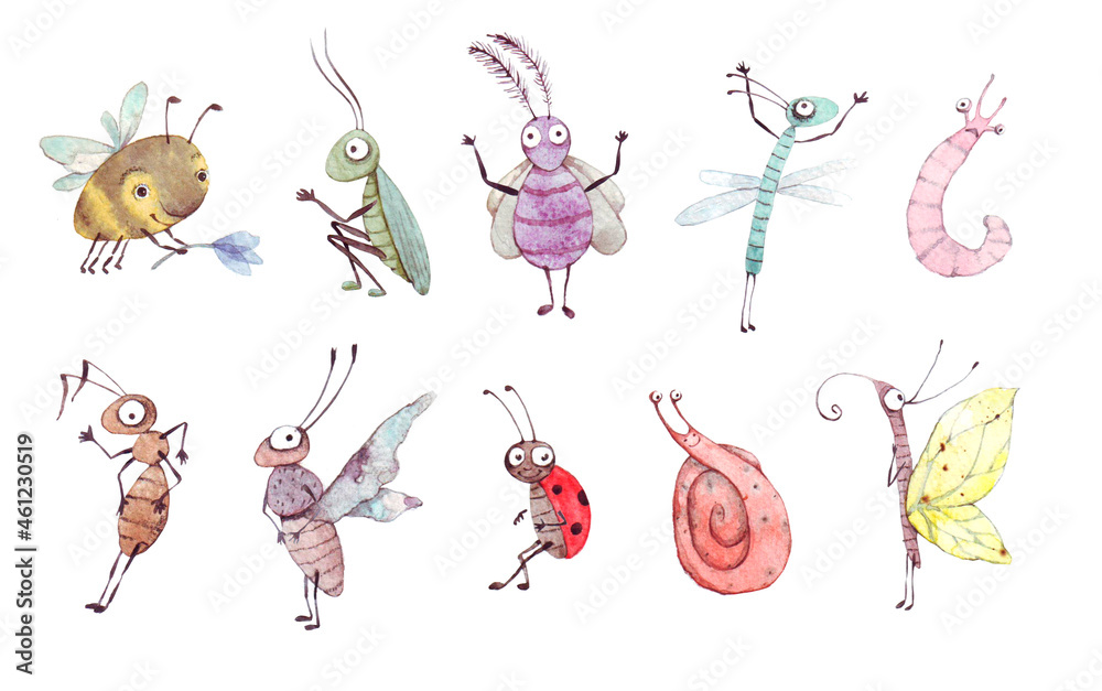 Funny, watercolor, cartoon insects collection., bee, bumblebee ...