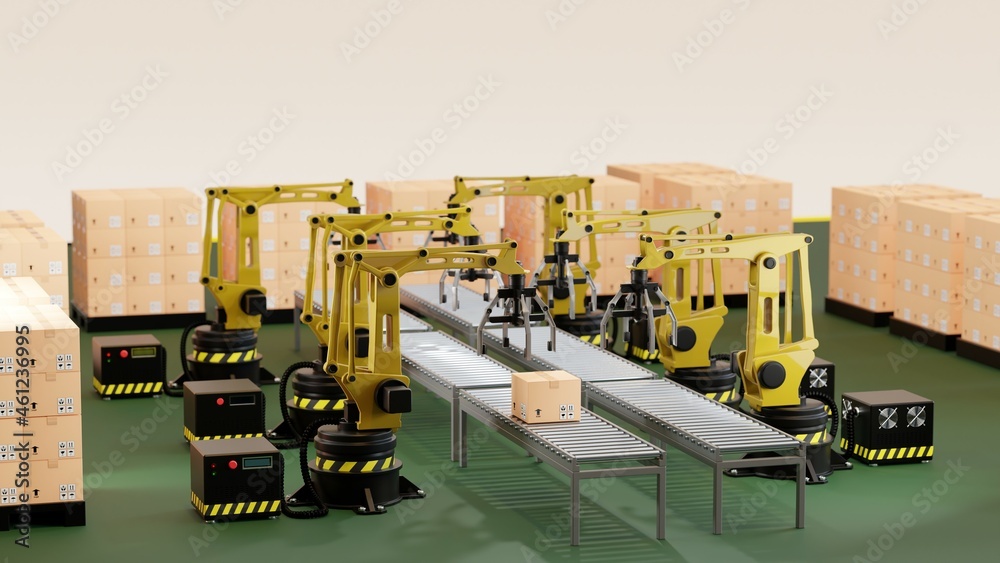 Robotic arm loading cartons on pallet. Boxes on conveyor of manufacture ...