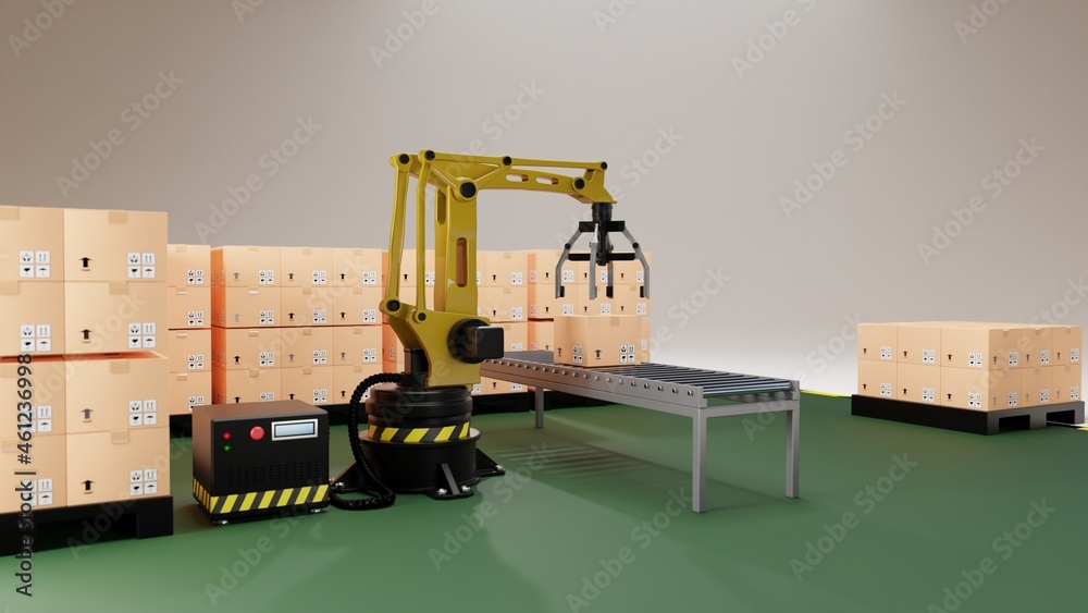 Robotic arm loading cartons on pallet. Boxes on conveyor of manufacture ...
