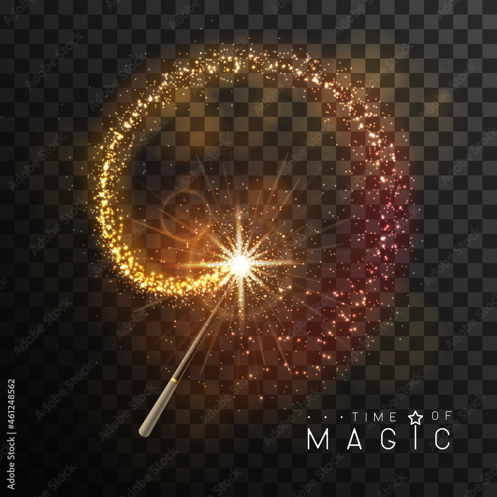 Magic wand with golden glowing shiny trail. Isolated on black ...