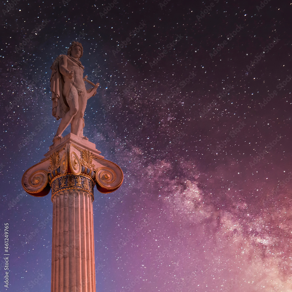 Apollo, the ancient Greek god of poetry and music under starry night ...