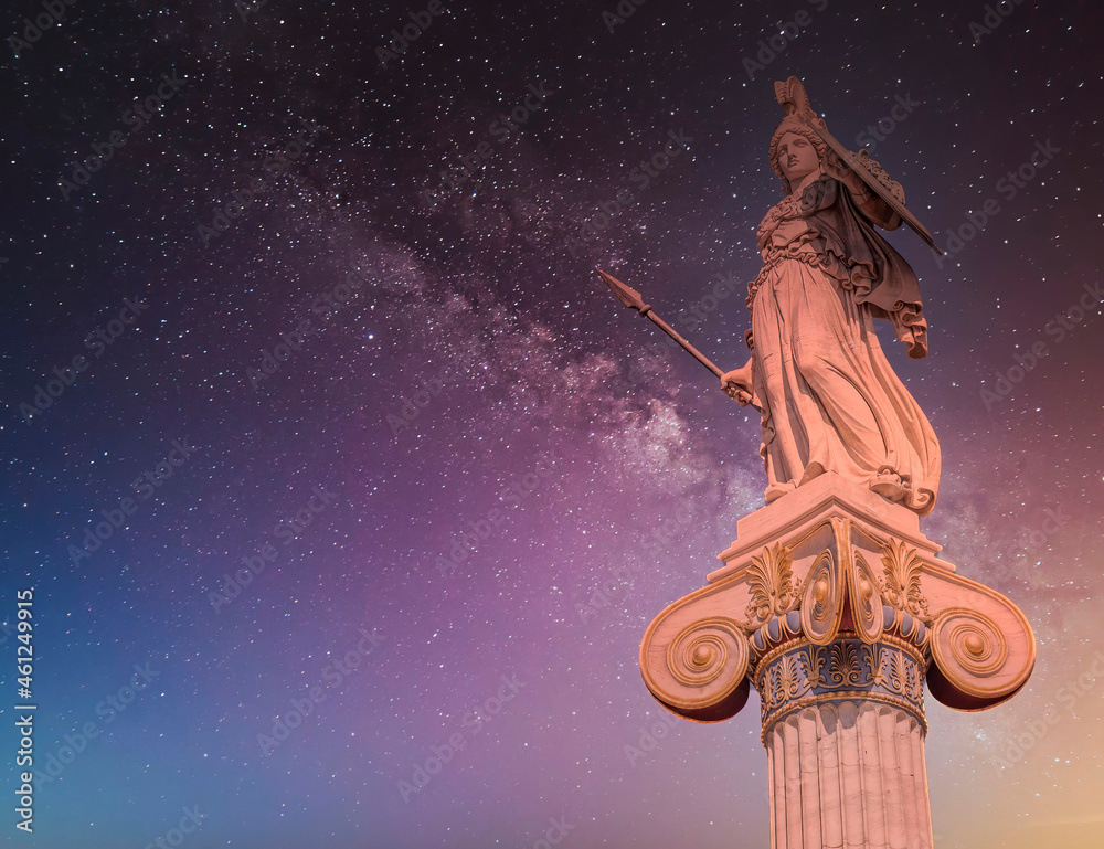 Athena, the ancient Greek goddess of wisdom and knowledge, statue under ...