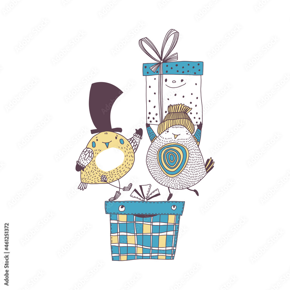 Cartoon birds with gift boxes on white. Festive illustration . Vector ...