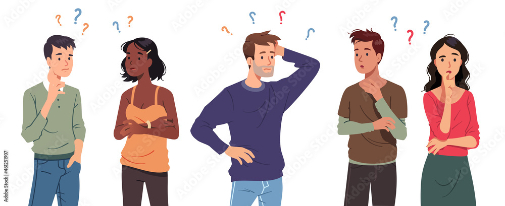 Questioning people men, women in doubt thinking Stock Vector | Adobe Stock