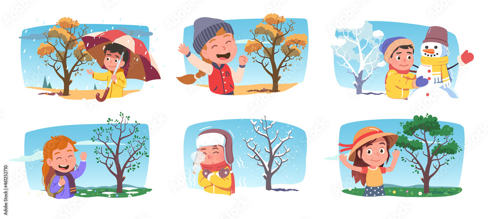 Happy girl, boy kids enjoying four seasons weather Stock Vector | Adobe ...
