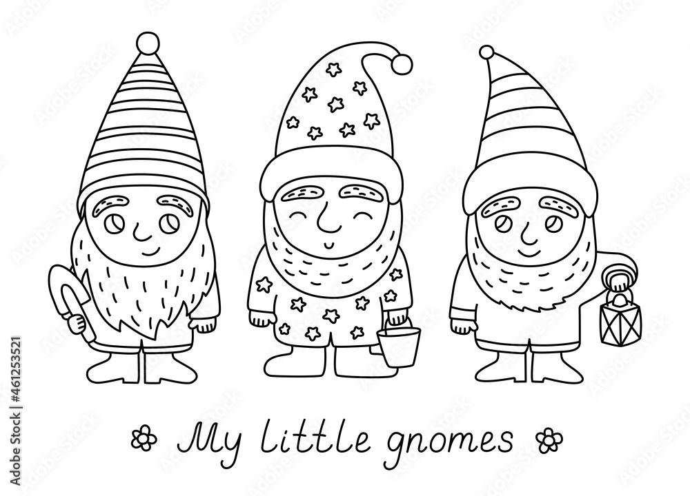 Little gnomes. Hand drawn line doodle garden gnome sketch. Black and ...