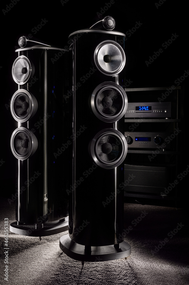 Expensive premium home floor acoustics in the dark. High-end amplifier ...