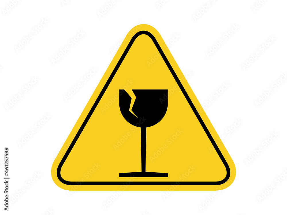 isolated watch out fragile glass, common hazards symbols on yellow ...