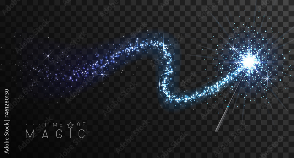 Magic wand with blue glowing shiny trail. Isolated on black transparent ...