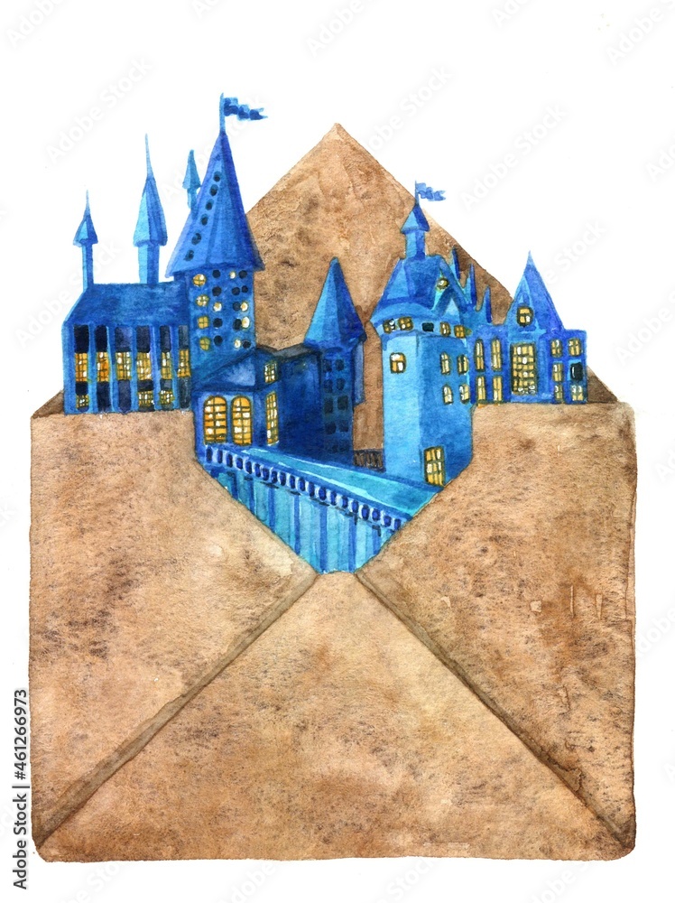 watercolor illustration of a magic castle with yellow windows sticking ...