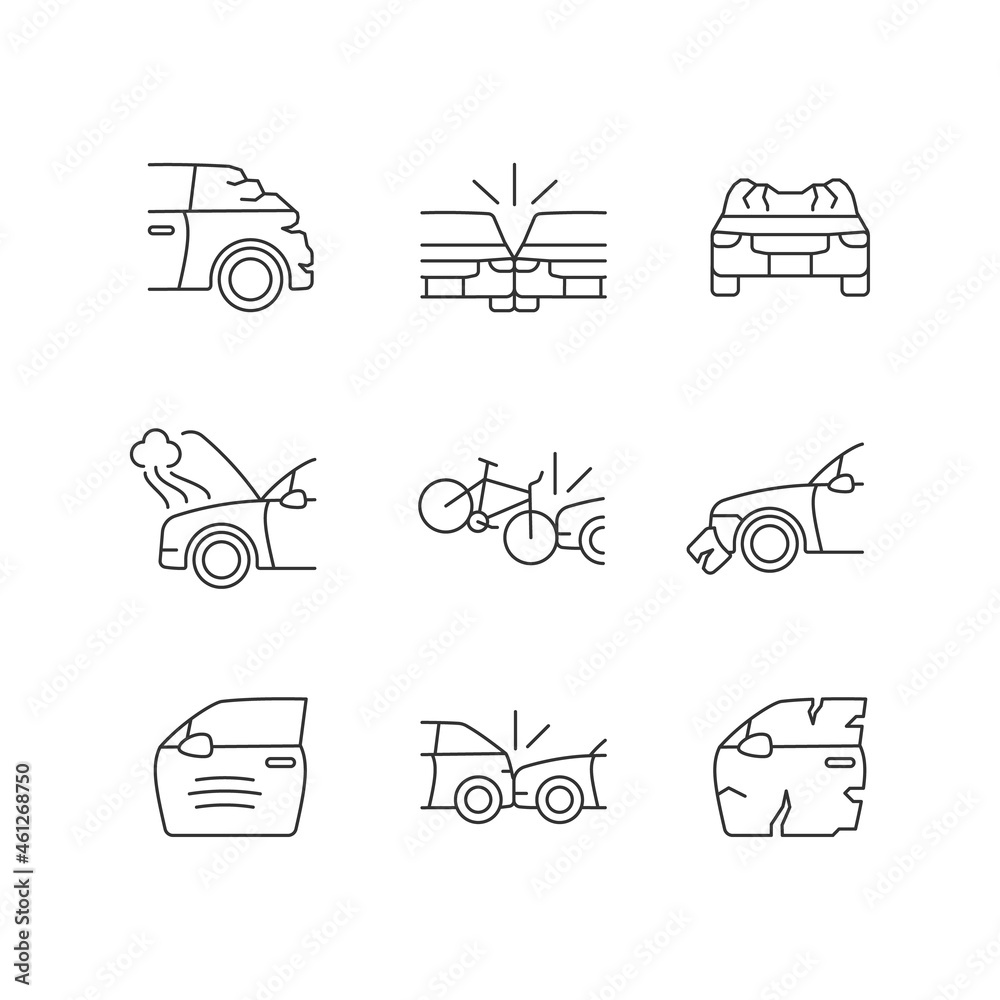 Road traffic accidents linear icons set. Car damaged body parts ...