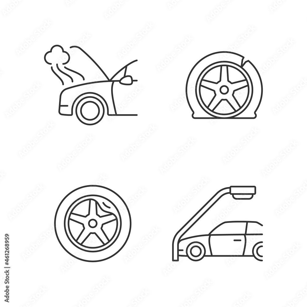 Vehicle damage in car accident cases linear icons set. Mechanical ...