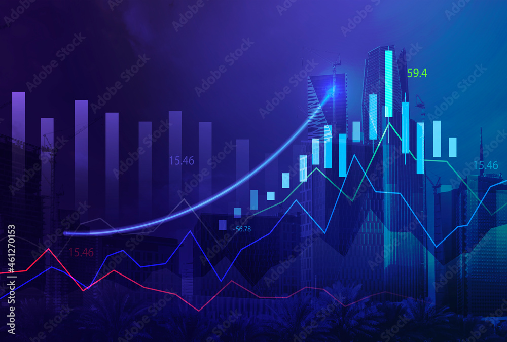Stock market digital graph chart on LED display concept. A large ...