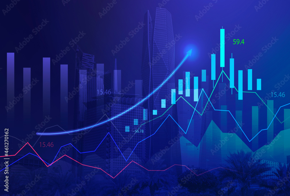 Stock market digital graph chart on LED display concept. A large ...
