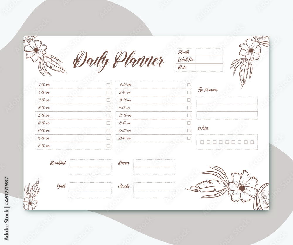 Hand drawn botanical daily planner template. printable daily planner ...