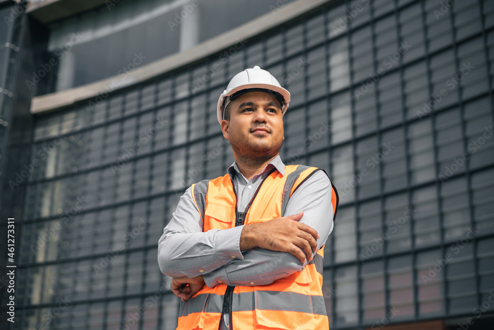 Asian engineer handsome man or architect looking forward with white ...