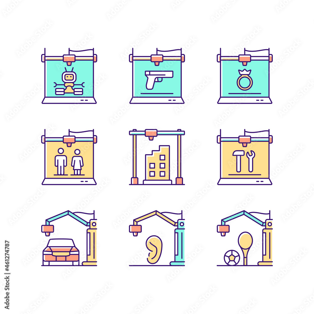 3d printing process RGB color icons set. Design representation. Rapid ...