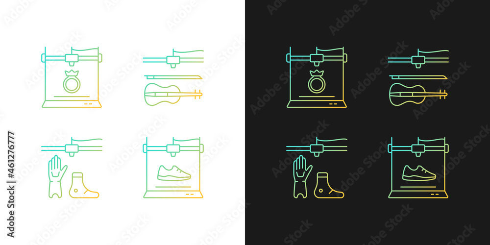 Building 3d objects process gradient icons set for dark and light mode. Jewelry production. Thin ...