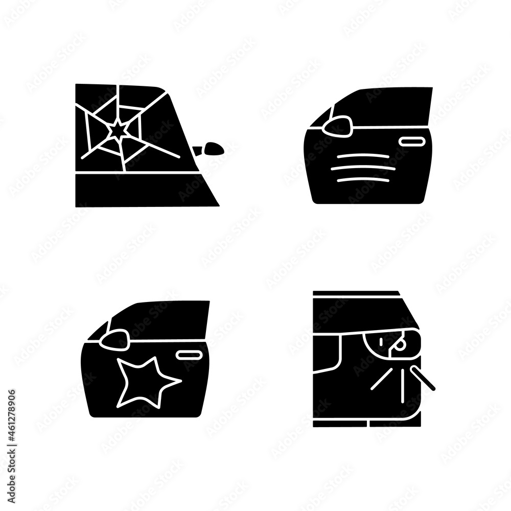 Auto accident types black glyph icons set on white space. Windscreen ...