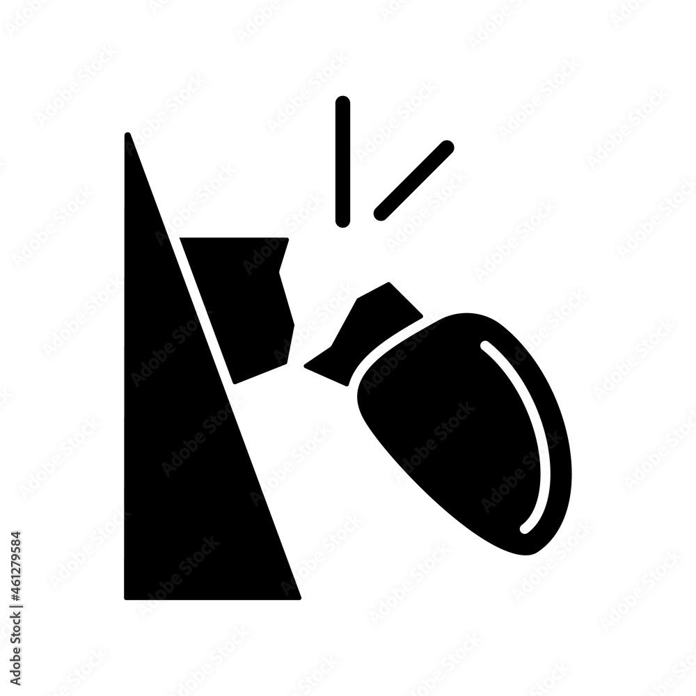 Broken side view mirror black glyph icon. Damaged vehicle exterior ...