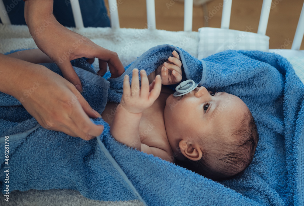 Unrecognizable Mother Wiping her Clean Baby Boy After Bath at Home ...