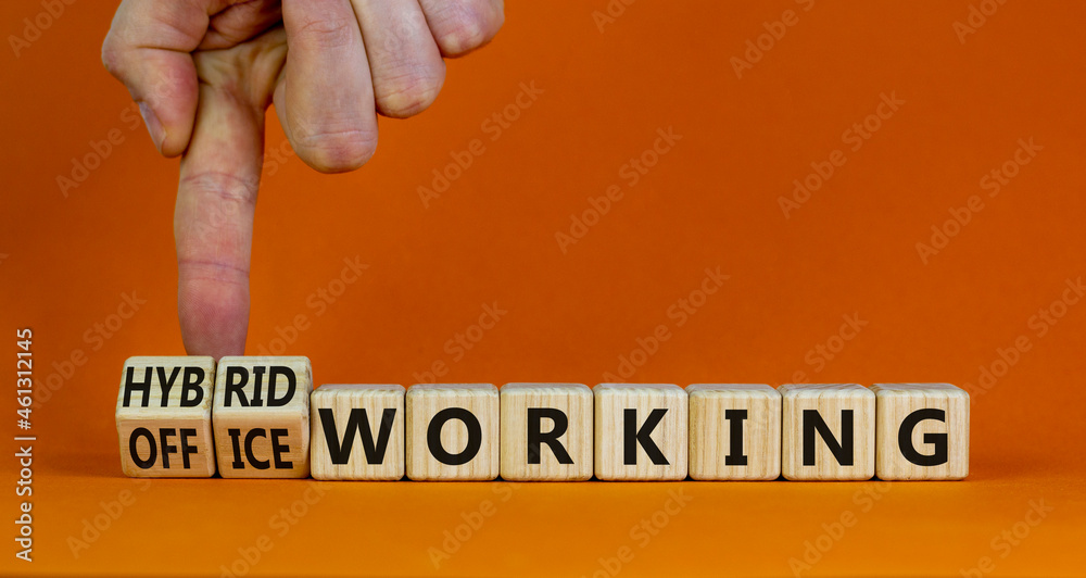 Hybrid or office working symbol. Businessman turns cubes and changes ...