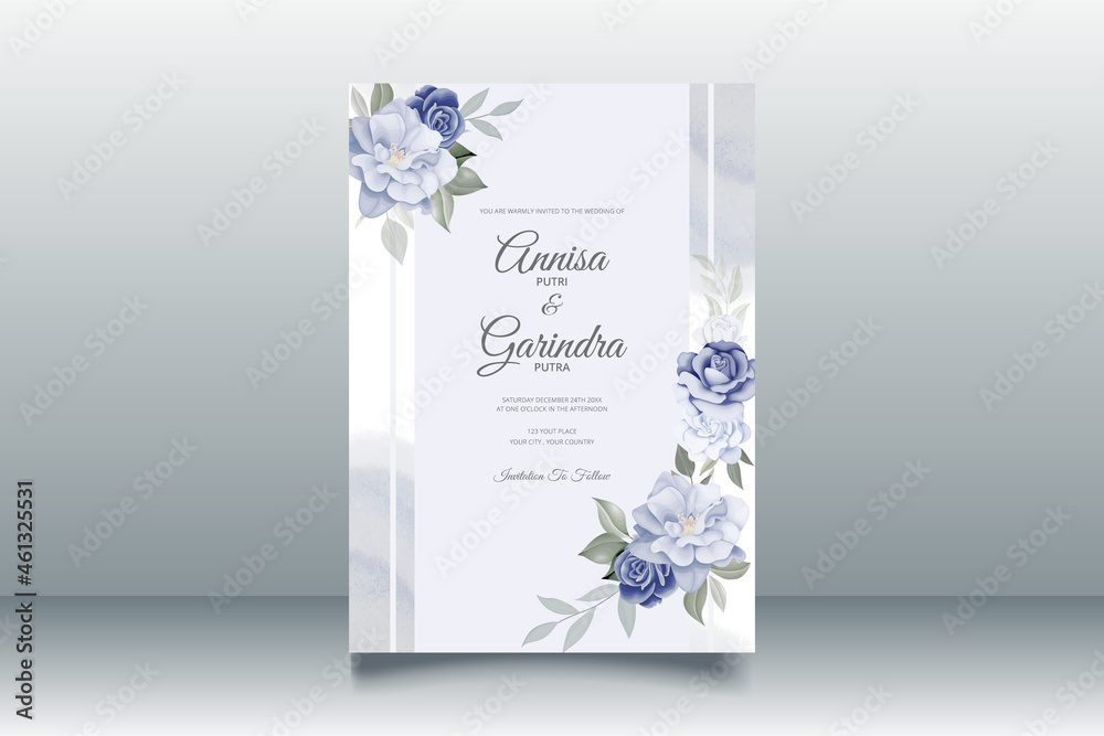 Romantic Wedding invitation card template set with beautiful blue ...