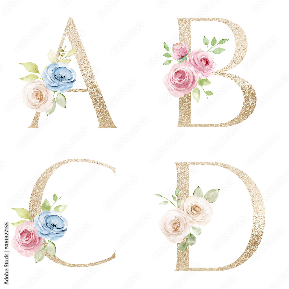 Floral alphabet, gold letters set with watercolor flowers and leaf ...