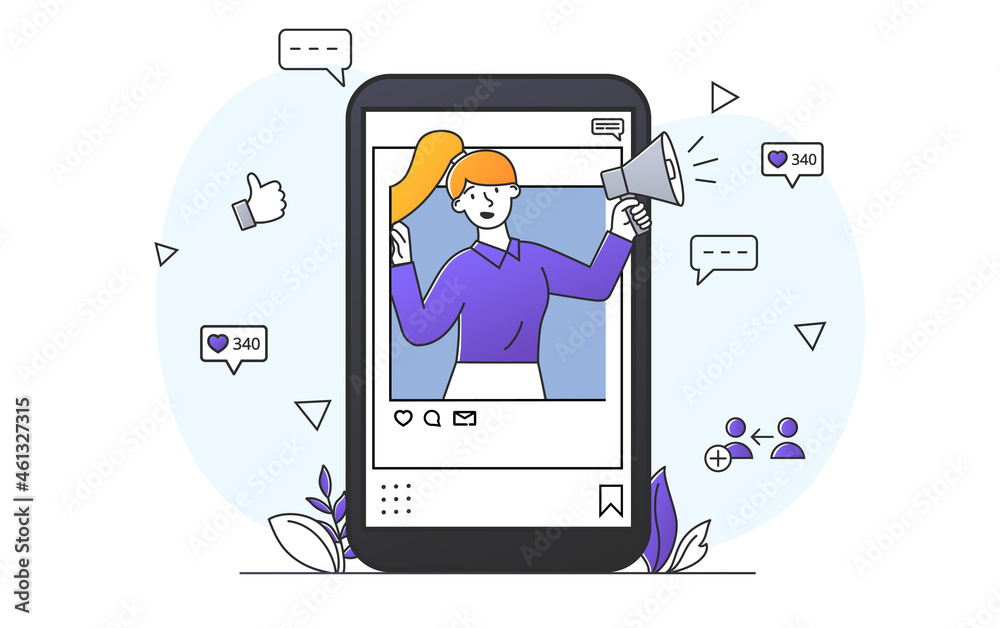 Internet advertisement concept. Woman with megaphone in her ears looks ...
