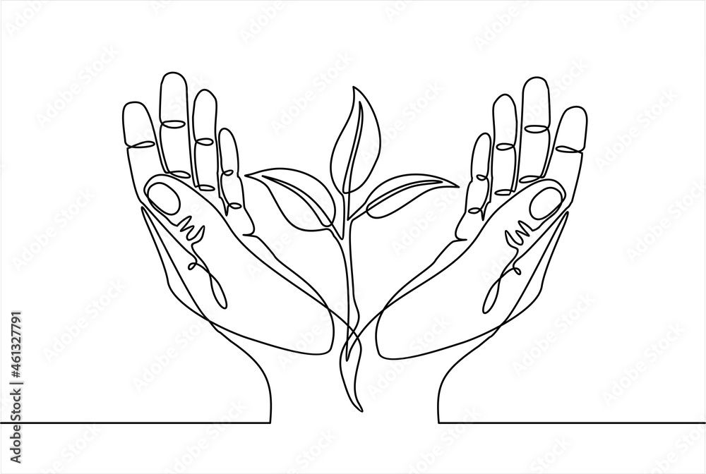 Continuous one line drawing of back to nature theme with hands holding ...