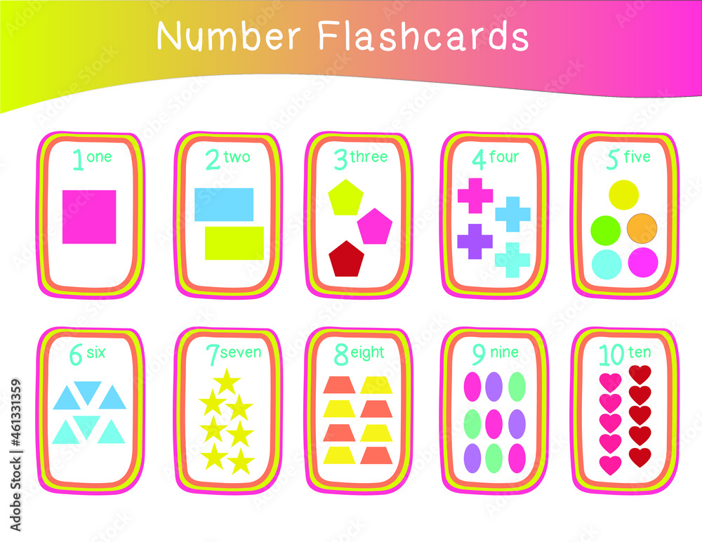 Cute number flashcards with shapes set. Counting one to ten. Shapes ...